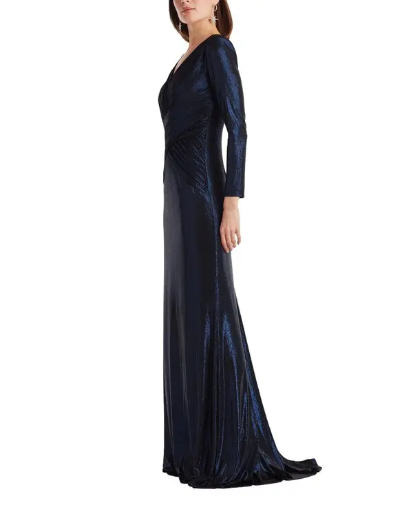 Tadashi Shoji Esau Metallic Crisscross Draped Gown - Navy