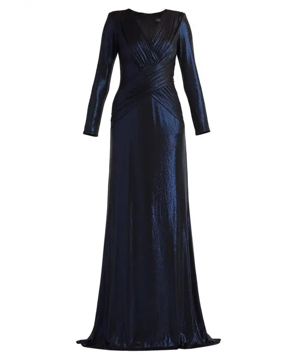 Tadashi Shoji Esau Metallic Crisscross Draped Gown - Navy