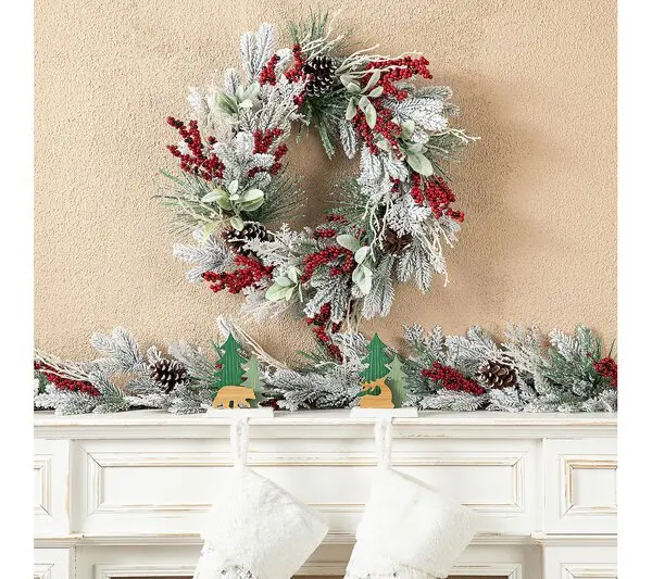 GLITZHOME 24'd Christmas Flocked Pinecone & Ber Ry Wreath - One-color