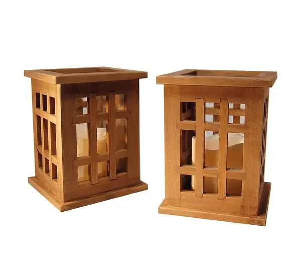 LUMABASE Set Of 2 Brown Wooden Lanterns With Le D Candles - One-color