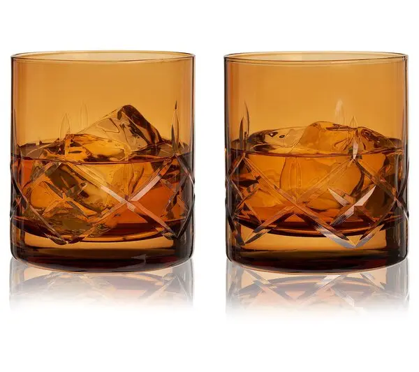 VISKI Admiral Cut Crystal Rocks Glasses In Ambe R, Set Of 2 - One-color