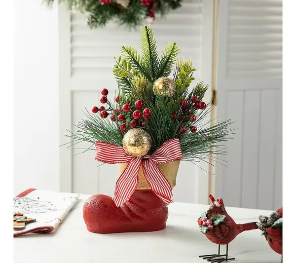 GLITZHOME 14'h Pine Needle & Berry Christmas Bo Ot Centerpiece - One-color