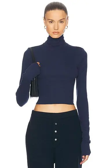 Eterne Cropped Fitted Turtleneck Top - Navy