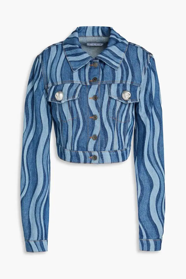 AREA Cropped Printed Denim Jacket - Light Denim