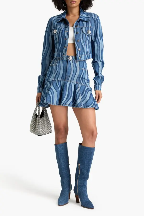 AREA Cropped Printed Denim Jacket - Light Denim