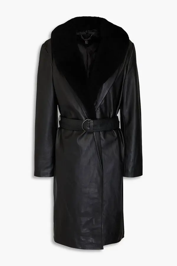 MUUBAA Belted Leather Coat With Shearling Trim