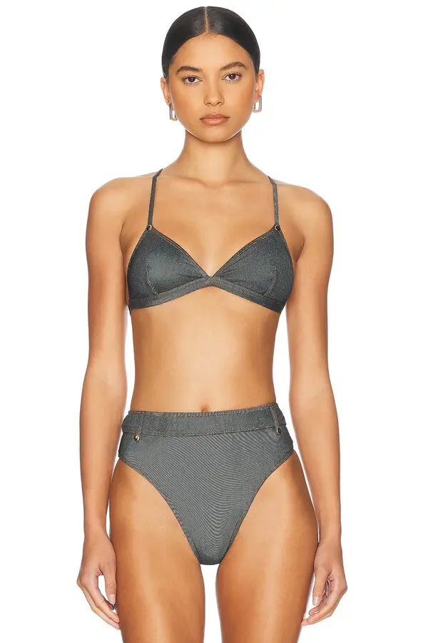 TROPIC OF C Denim Fixed Triangle Bikini Top - Black