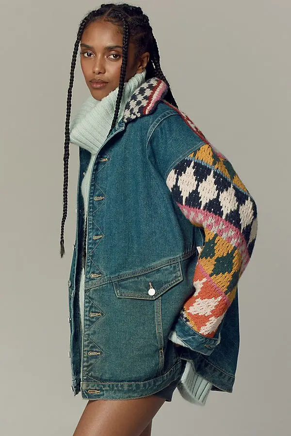 PILCRO Crochet Denim Sweater Jacket