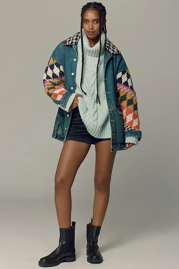 PILCRO Crochet Denim Sweater Jacket