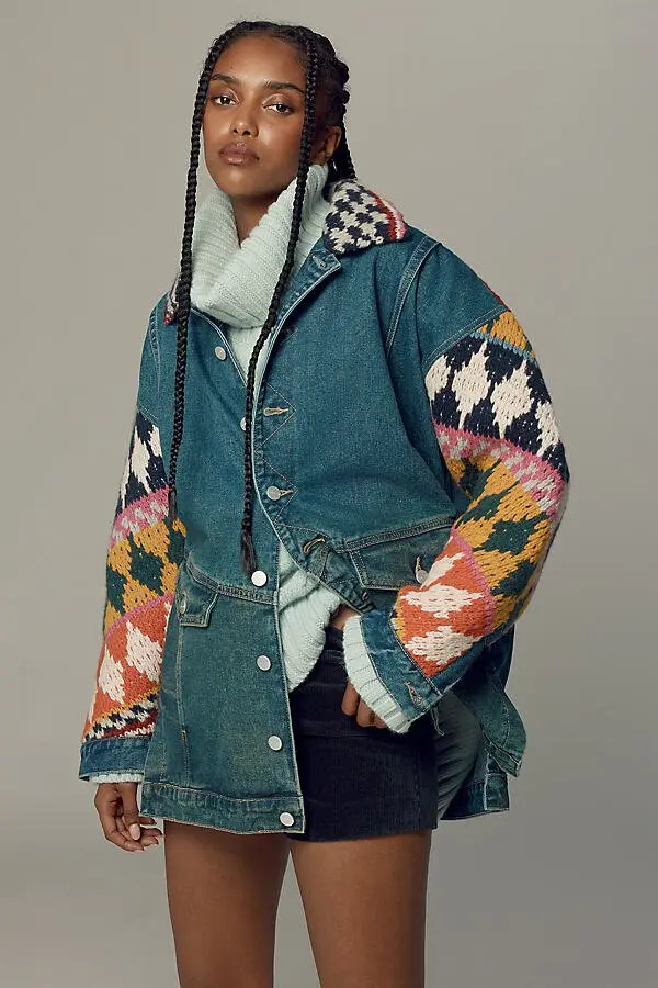 PILCRO Crochet Denim Sweater Jacket