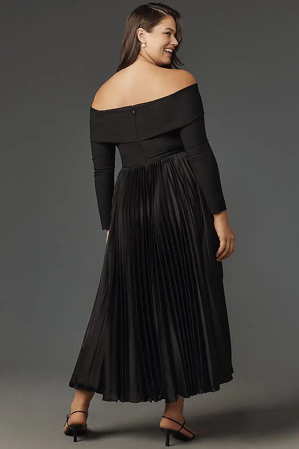 HUTCH Long-sleeve Off-the-shoulder Pleated Maxi Dress - Black