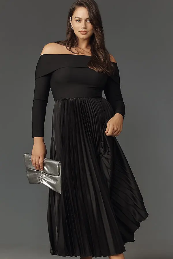 HUTCH Long-sleeve Off-the-shoulder Pleated Maxi Dress - Black