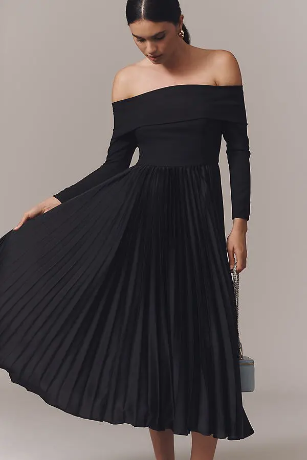 HUTCH Long-sleeve Off-the-shoulder Pleated Maxi Dress - Black