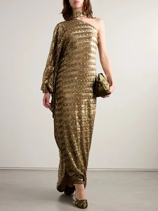 TALLER MARMO One-sleeve Draped Sequined Gown