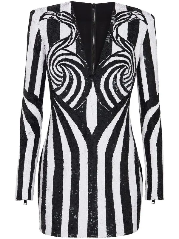 Balmain Embroidered Stripe Mini Dress - Black