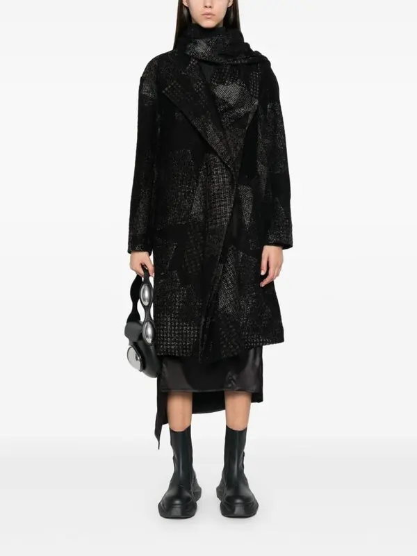 Y’s Patchwork Jacquard Mid-length Coat With Scarf