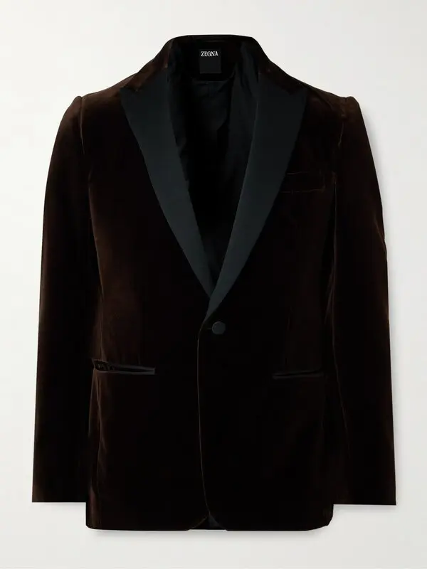 Zegna Satin-trimmed Cotton-velvet Tuxedo Jacket - Brown
