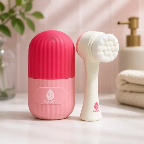 PURSONIC Perfect Skincare Duo Ice Cube Facial Roller & Dual Sided Facial Cleansing Brush - Pink