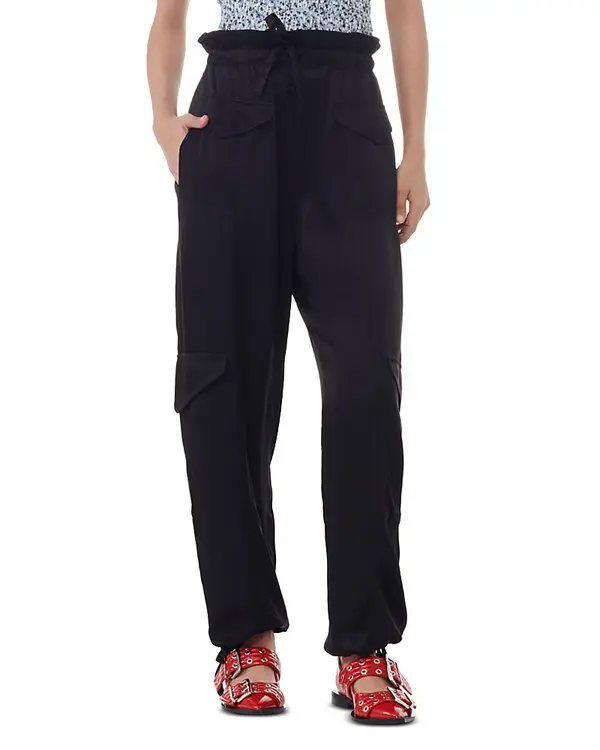 GANNI Washed Satin Pocket Pants - Black