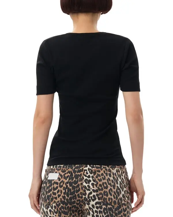 GANNI Soft Ribbed Short Sleeve Tee - Black