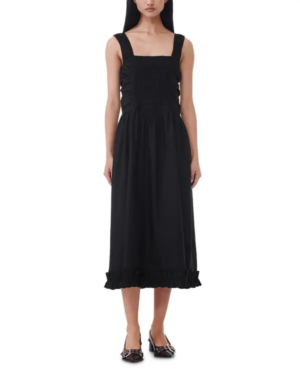 GANNI Cotton Poplin Midi Strap Smock Dress - Black