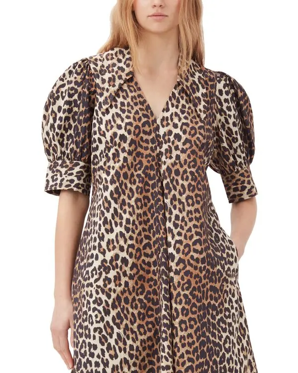 GANNI Cotton Poplin V-neck Maxi Dress - Leopard