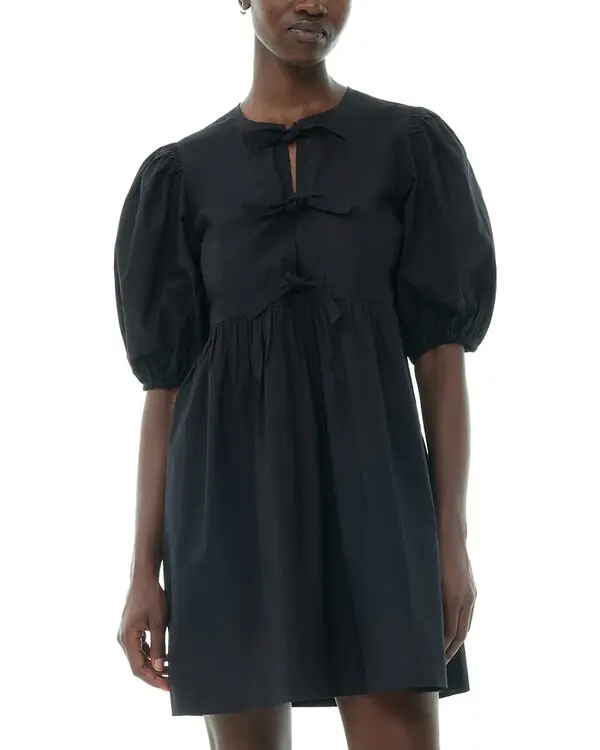 GANNI Cotton Poplin Mini Dress With Tie String - Black