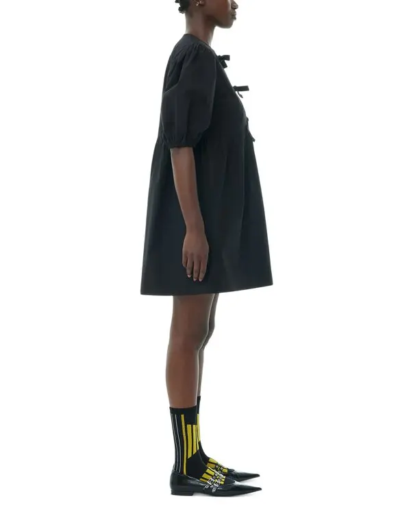 GANNI Cotton Poplin Mini Dress With Tie String - Black