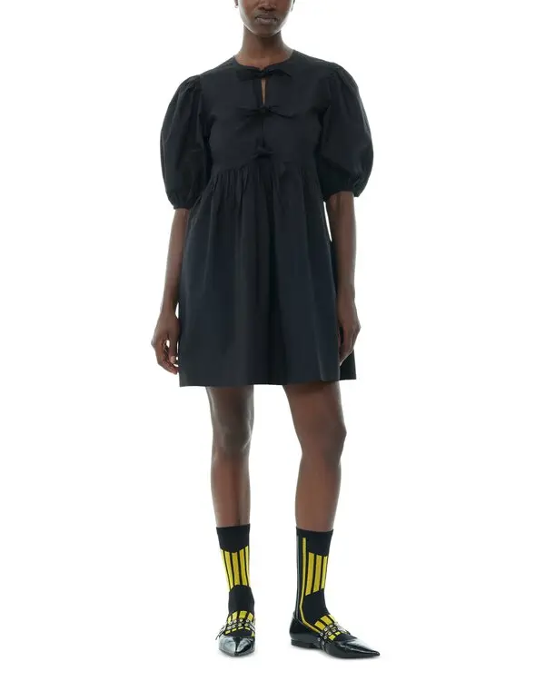 GANNI Cotton Poplin Mini Dress With Tie String - Black