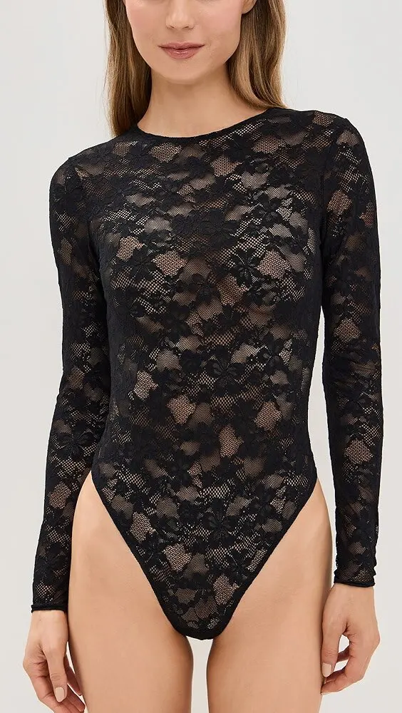 FLEUR DU MAL Le Stretch Long Sleeve Thong Bodysuit - Black