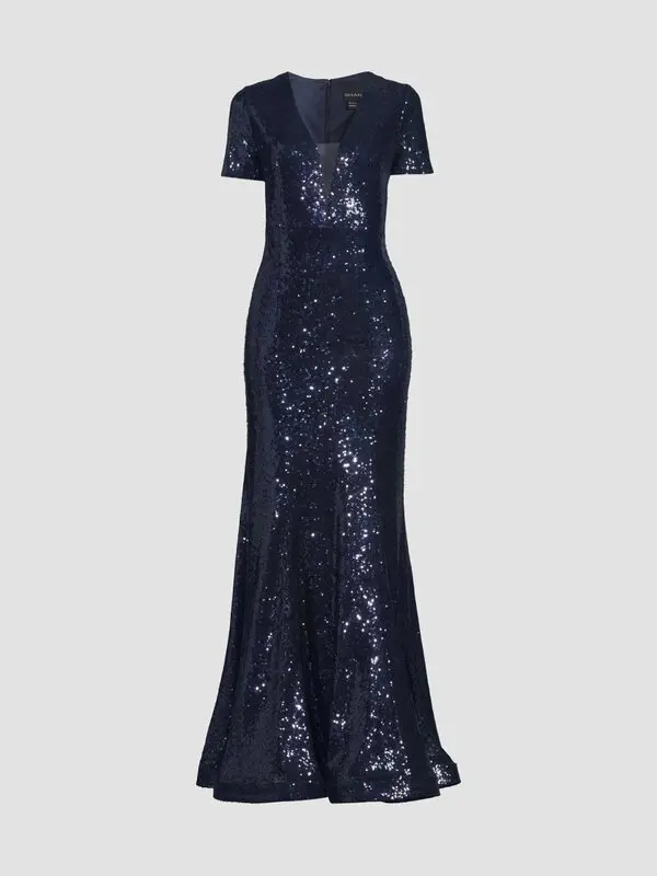 Shani Sequined Fit & Flare Gown - Navy