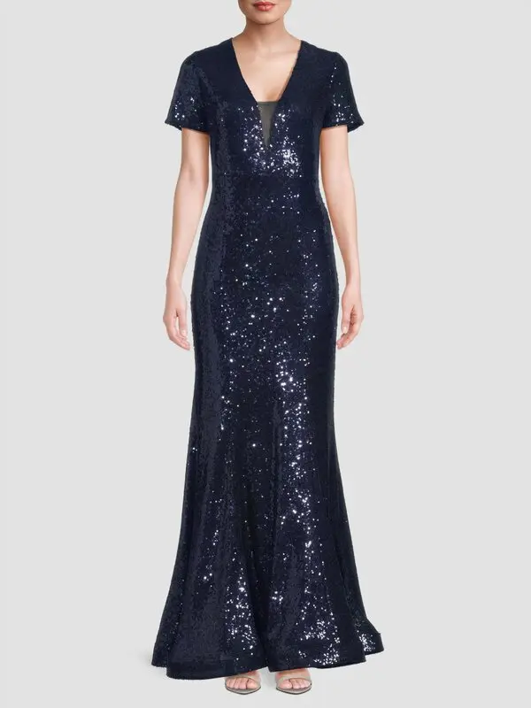 Shani Sequined Fit & Flare Gown - Navy