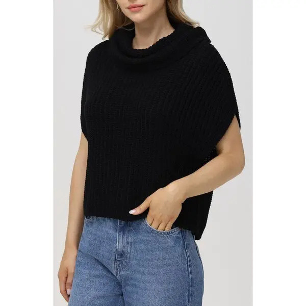 525 America 525 Cate Short Sleeve Cowl Neck Cotton Sweater - Black