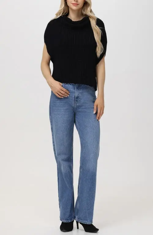 525 America 525 Cate Short Sleeve Cowl Neck Cotton Sweater - Black