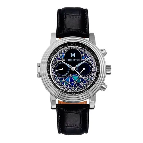 HERITOR AUTOMATIC Legacy Leather-band Strap Watch With Day And Date - Silver/black