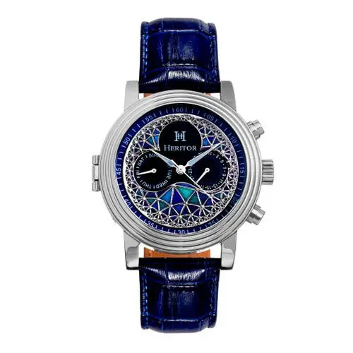 HERITOR AUTOMATIC Legacy Leather-band Strap Watch With Day And Date - Silver/blue