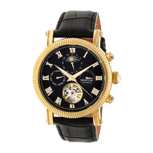 HERITOR AUTOMATIC Winston Semi-skeleton Leather-band Watch - Gold/black