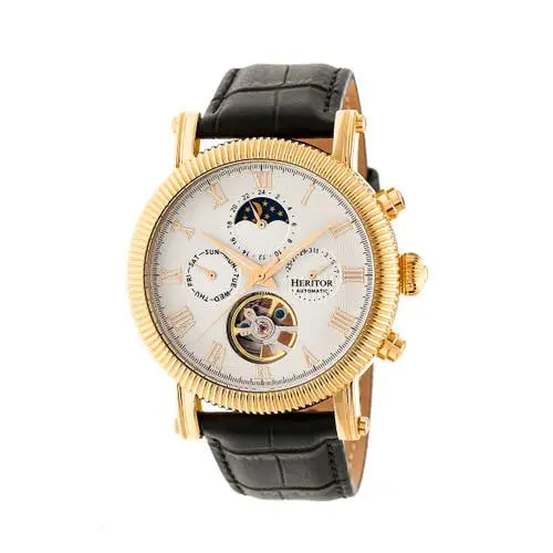 HERITOR AUTOMATIC Winston Semi-skeleton Leather-band Watch - Gold/white