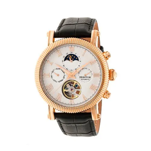 HERITOR AUTOMATIC Winston Semi-skeleton Leather-band Watch - Rose Gold/white