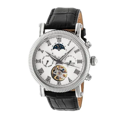 HERITOR AUTOMATIC Winston Semi-skeleton Leather-band Watch - Silver/white