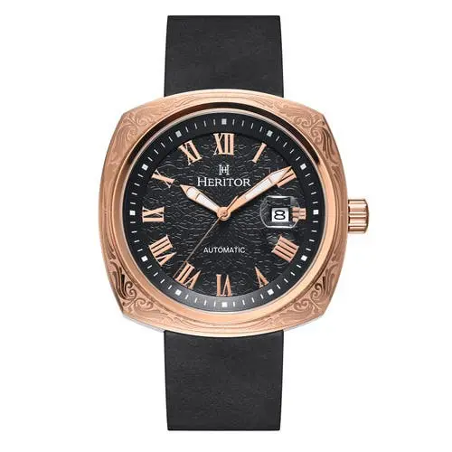 HERITOR AUTOMATIC Davenport Engraved Leather-band Strap Watch With Date - Rose Gold/black