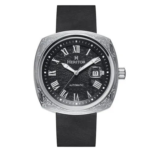 HERITOR AUTOMATIC Davenport Engraved Leather-band Strap Watch With Date - Silver/black