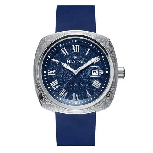 HERITOR AUTOMATIC Davenport Engraved Leather-band Strap Watch With Date - Silver/blue
