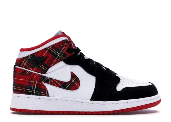 JORDAN 1 Mid Plaid Sneakers - Habanero Red/black/white
