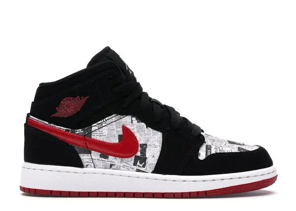 JORDAN 1 Mid Newspaper Air Times Gs - Black/gym Red/white