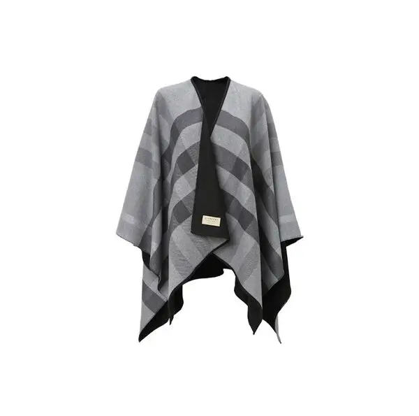 Burberry Reversible Check Merino Wool Poncho Scarf - Black/grey