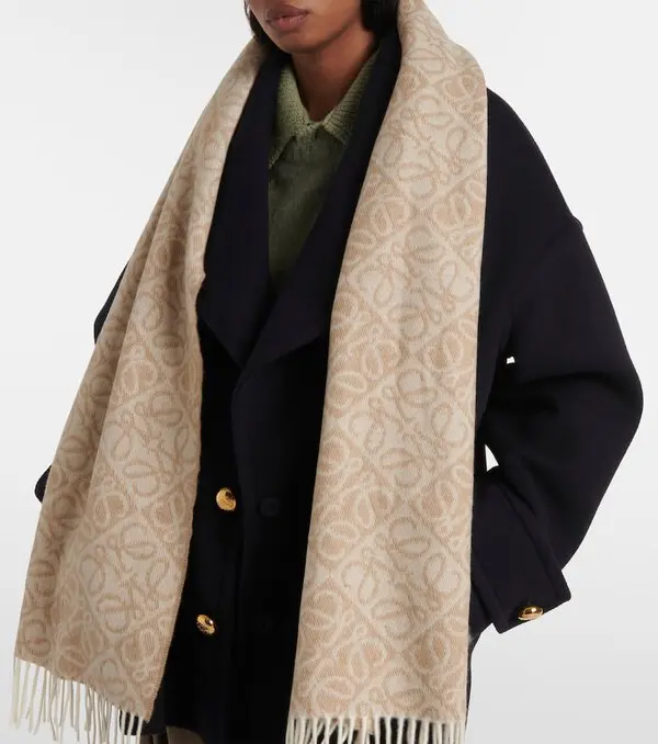 Loewe Anagram Wool And Cashmere Scarf - Beige
