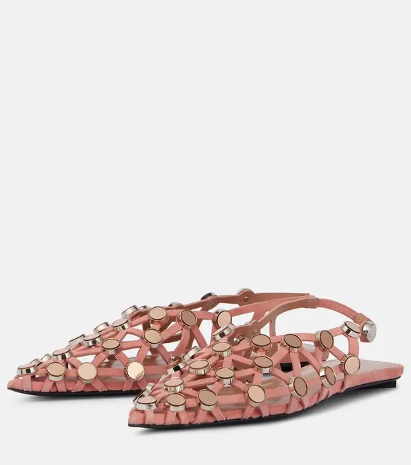 Attico Grid Embellished Suede Slingback Flats - Pink