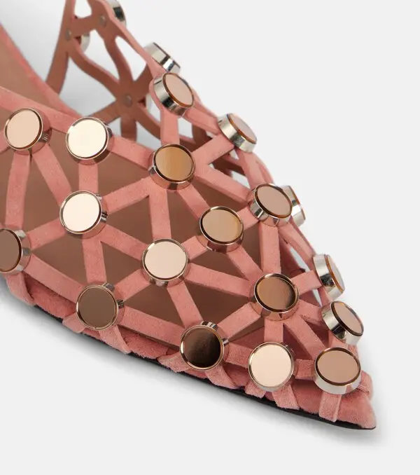 Attico Grid Embellished Suede Slingback Flats - Pink