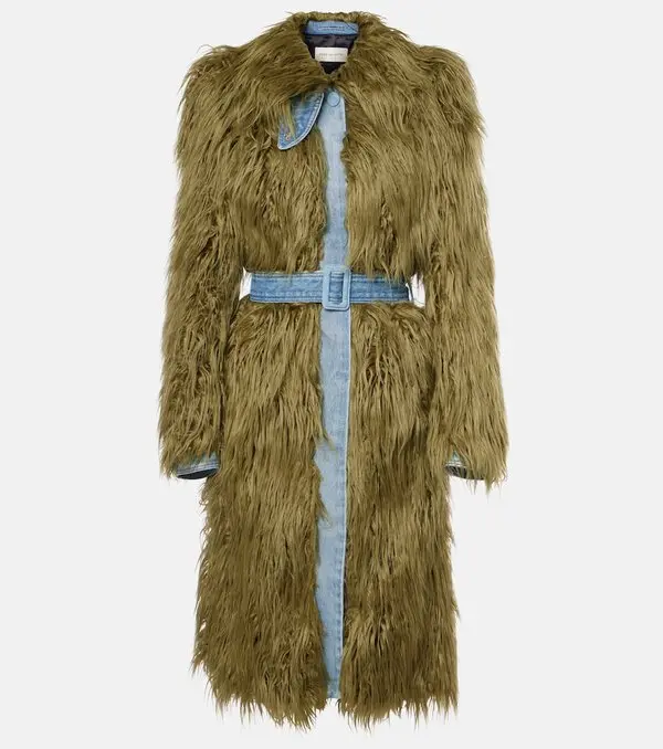 Dries Van Noten Rangel Faux Fur-trimmed Denim Coat - Green